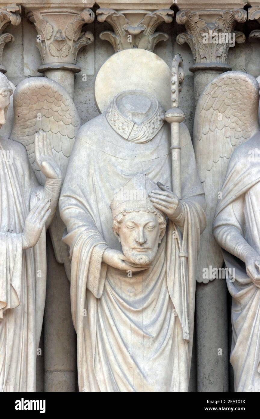 Saint Denis holding his head, Notre Dame Cathedral, Paris, Portal of ...