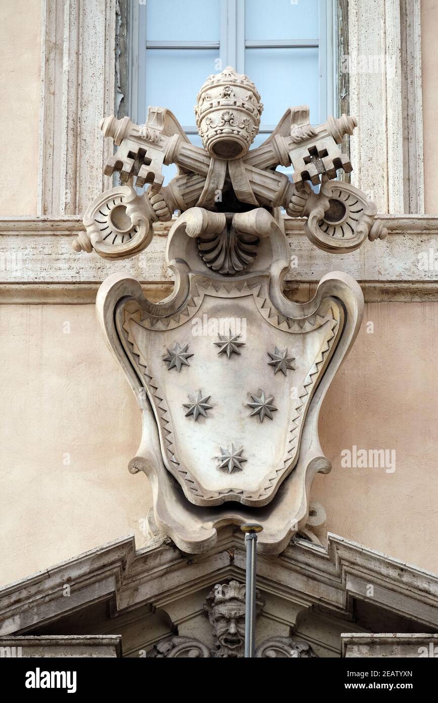 Papal coat of arms, facade of the Church of the Gesu, mother church of ...