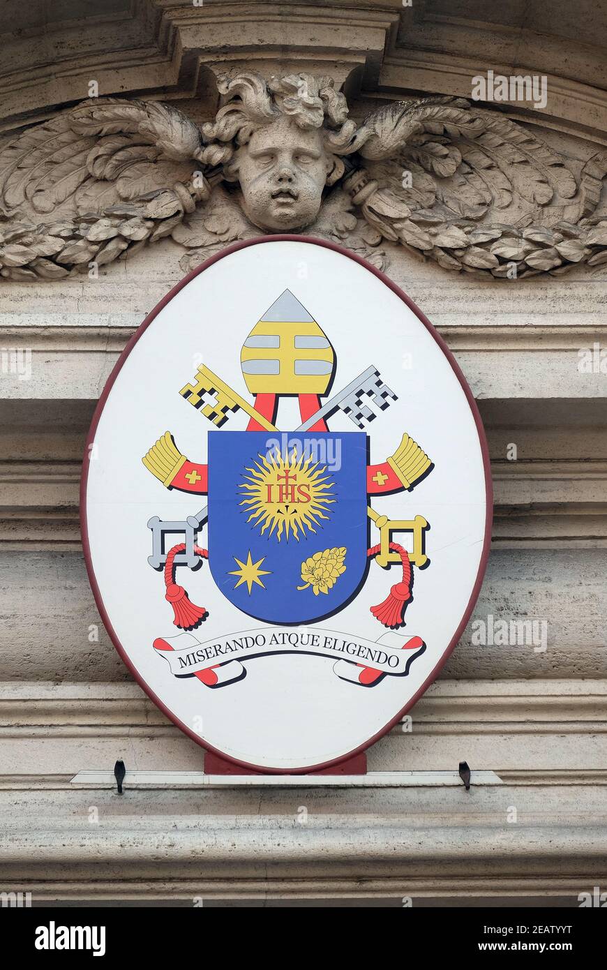 Coat of arms of Pope Francis on the portal of Sant Andrea della Valle ...