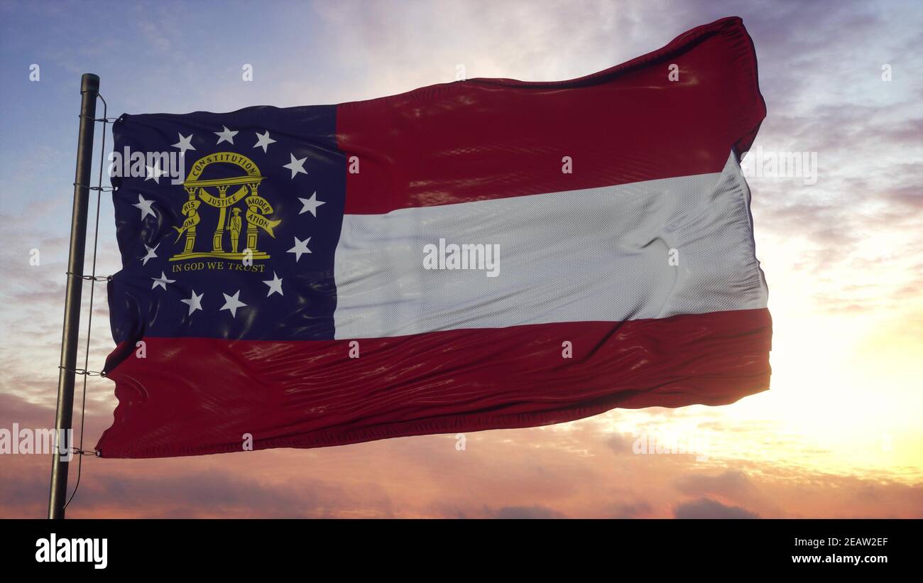 Flag of Georgia waving in the wind against deep beautiful sky. 3d ...