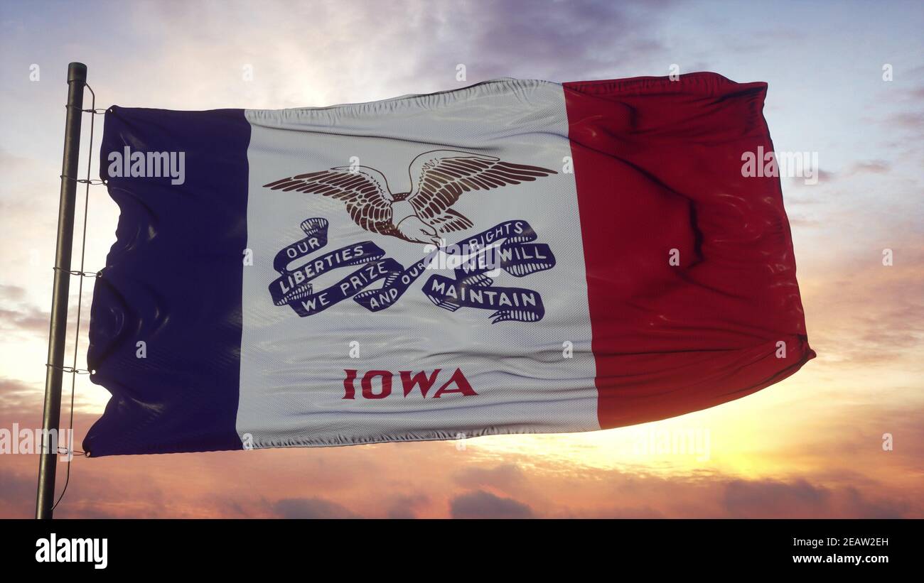 Flag of Iowa waving in the wind against deep beautiful sky. 3d ...