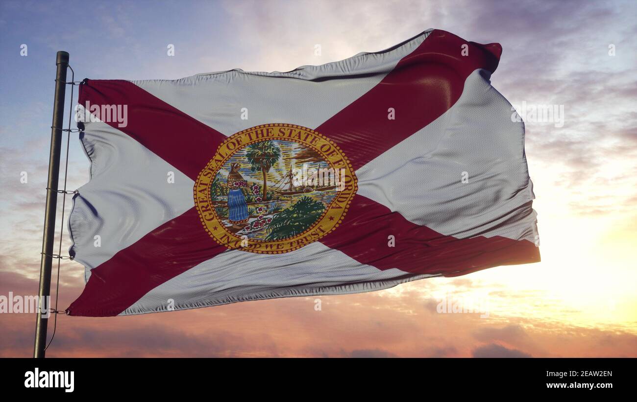 Flag of Florida waving in the wind against deep beautiful sky. 3d ...