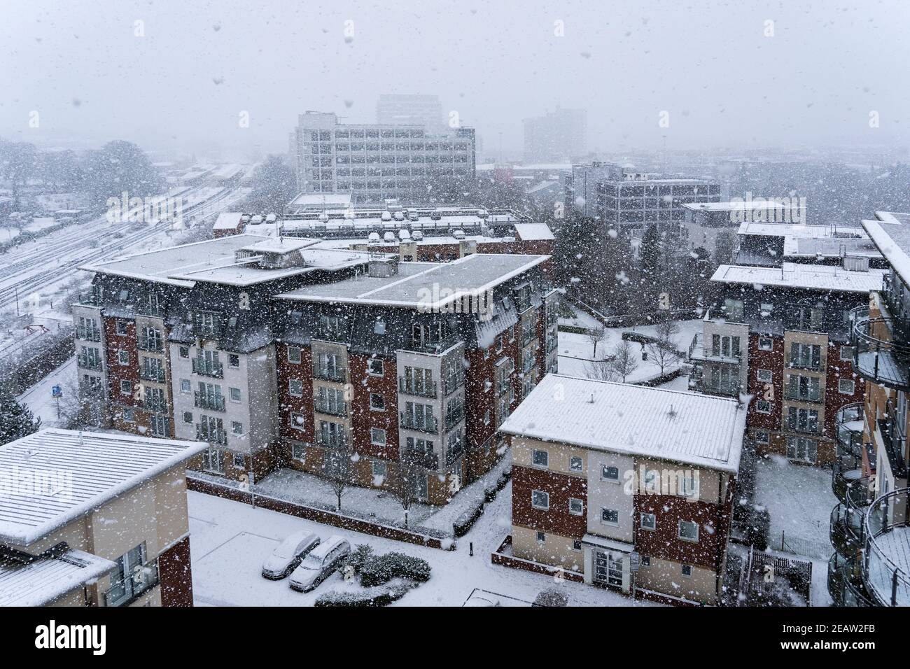 Aerial view of a snow blizzard in Basingstoke town centre with large ...