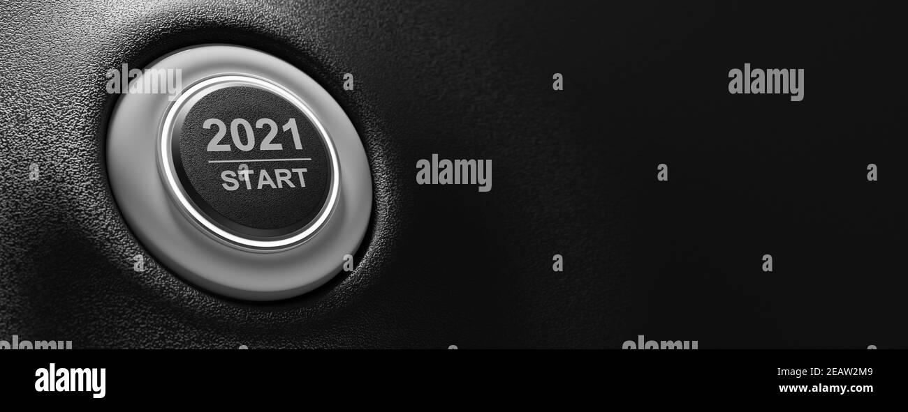2021 - Press the start button. Concept of the New Year. 3D illustration ...