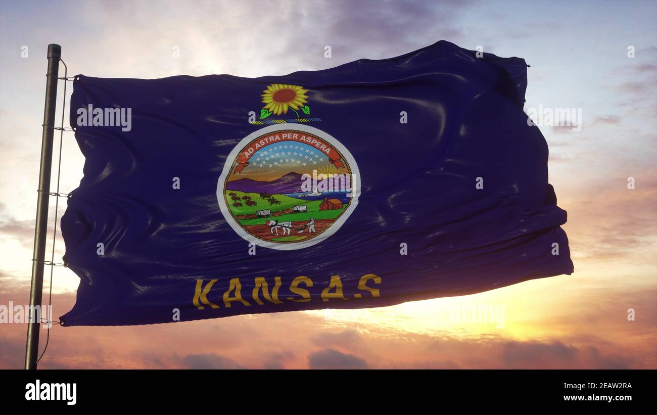 Flag of Kansas waving in the wind against deep beautiful sky. 3d ...