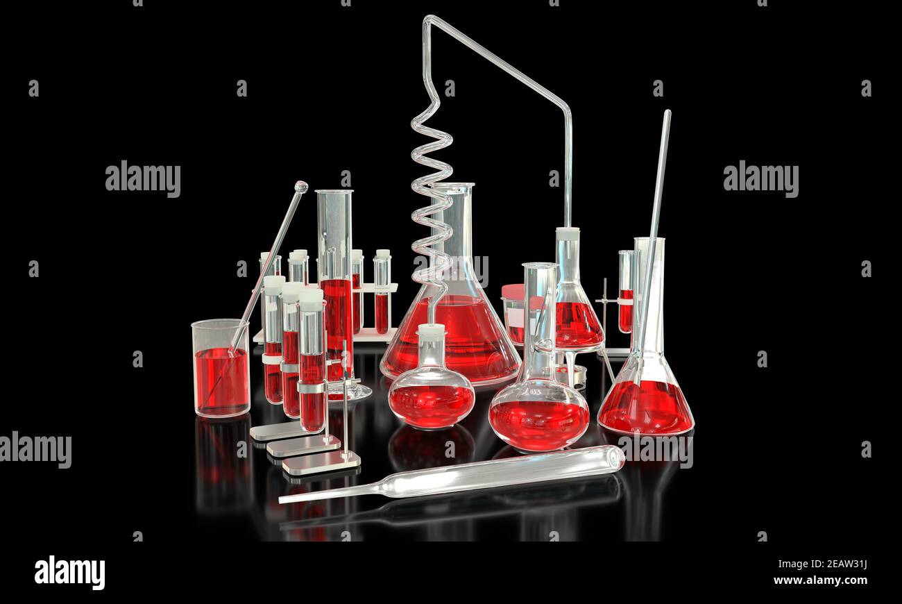 3D illustration of objects - laboratory proofs with various chemistry ...