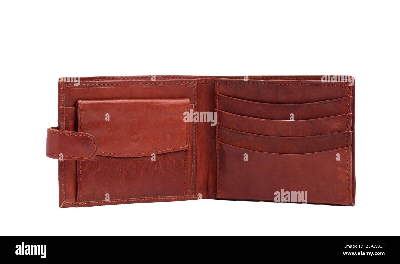 open brown leather wallet isolated on a white background Stock Photo ...