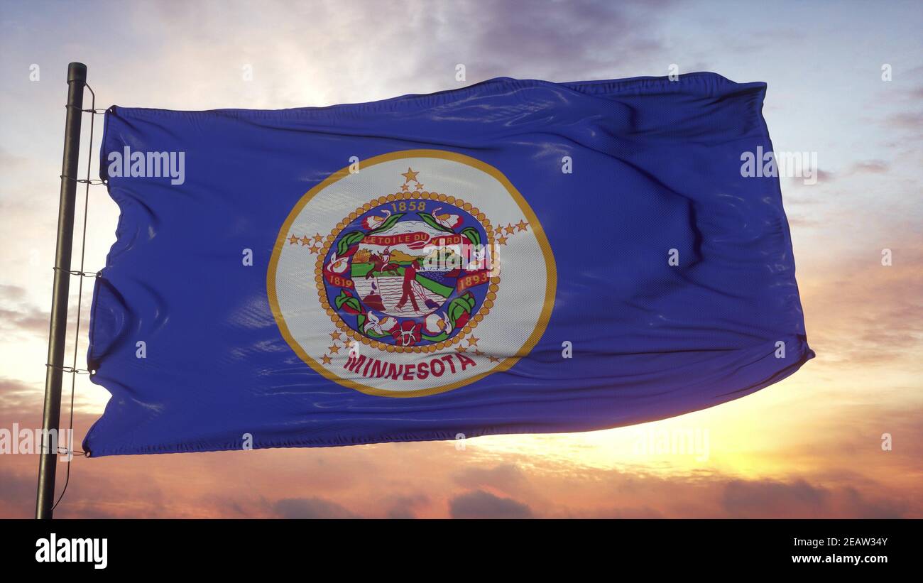 Flag of Minnesota waving in the wind against deep beautiful sky. 3d ...