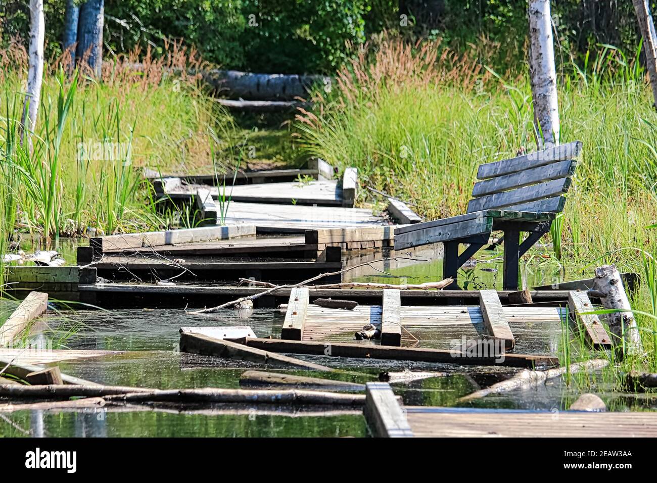 Closeup of a park bench on a broken flooded out path Stock Photo - Alamy