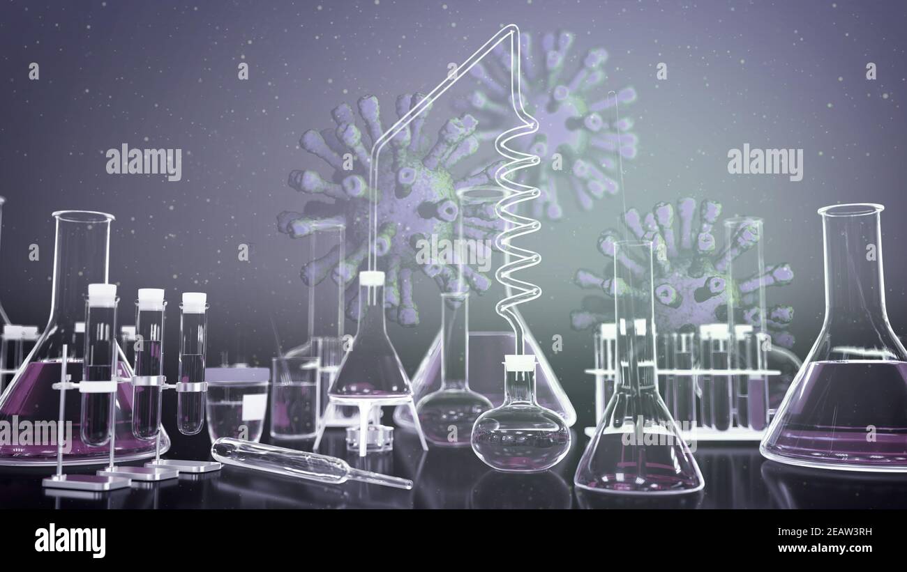 Coronavirus COVID-19 vaccine background, laboratory test tubes on virus ...
