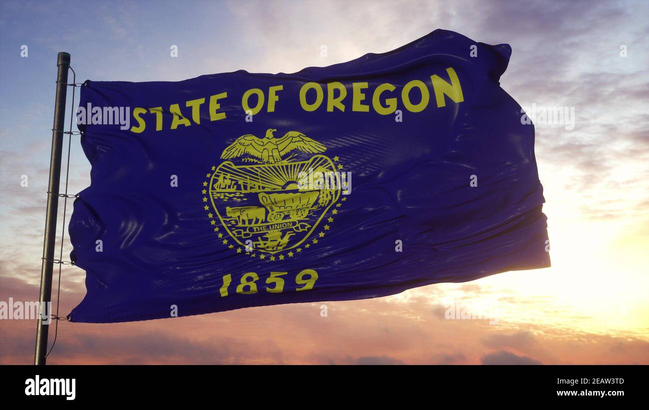 Flag of Oregon waving in the wind against deep beautiful sky. 3d ...