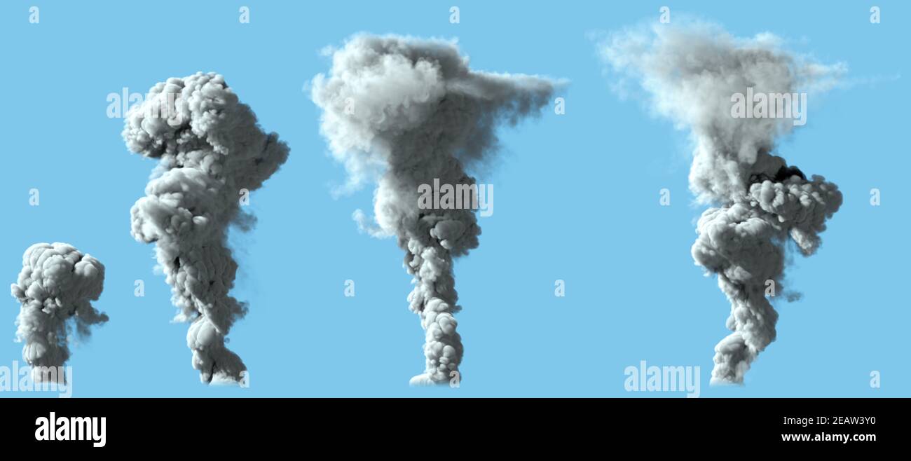 4 different images of solid bright smoke column as from volcano or big ...