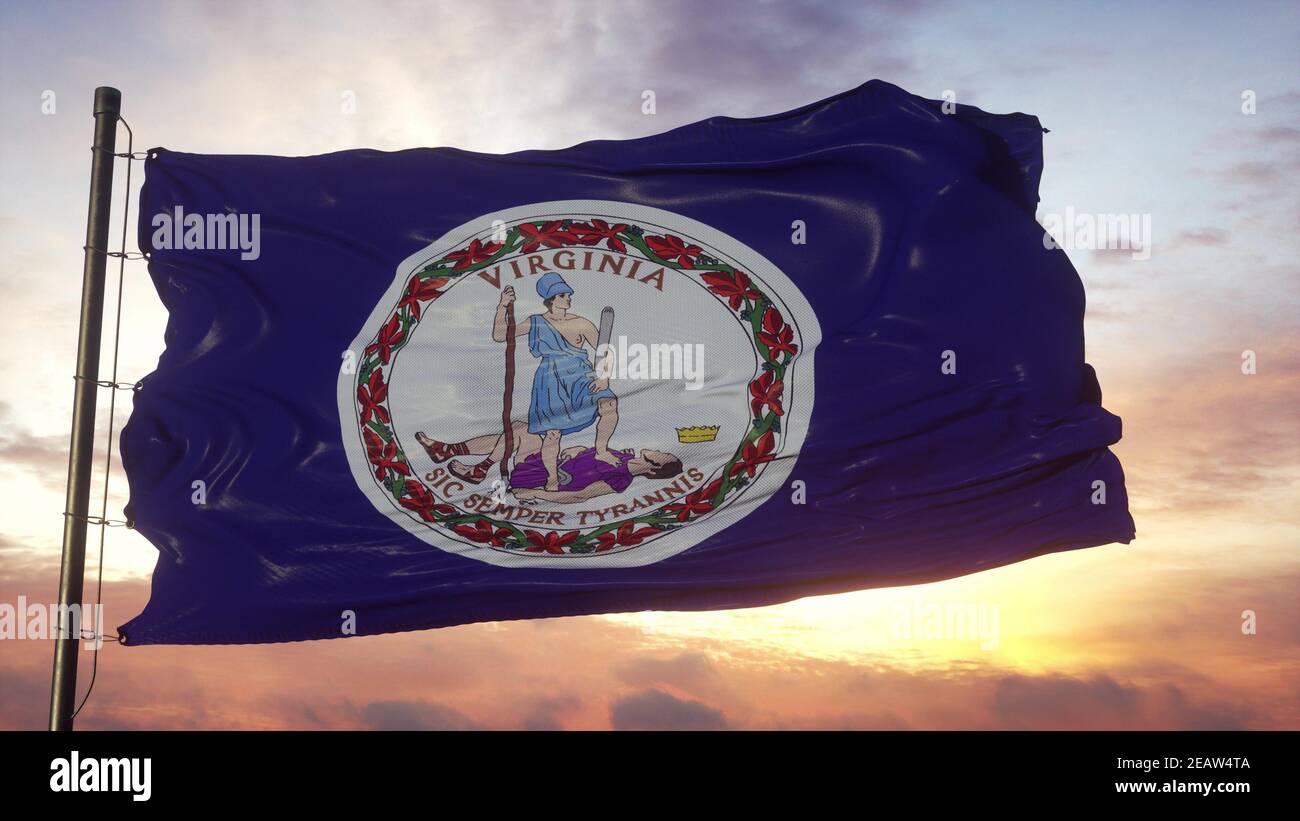 Flag of Virginia waving in the wind against deep beautiful sky. 3d ...