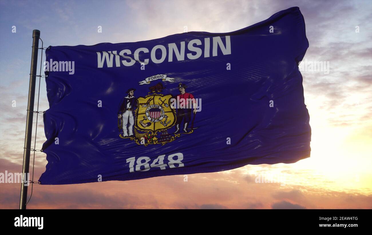 Flag of Wisconsin waving in the wind against deep beautiful sky. 3d ...