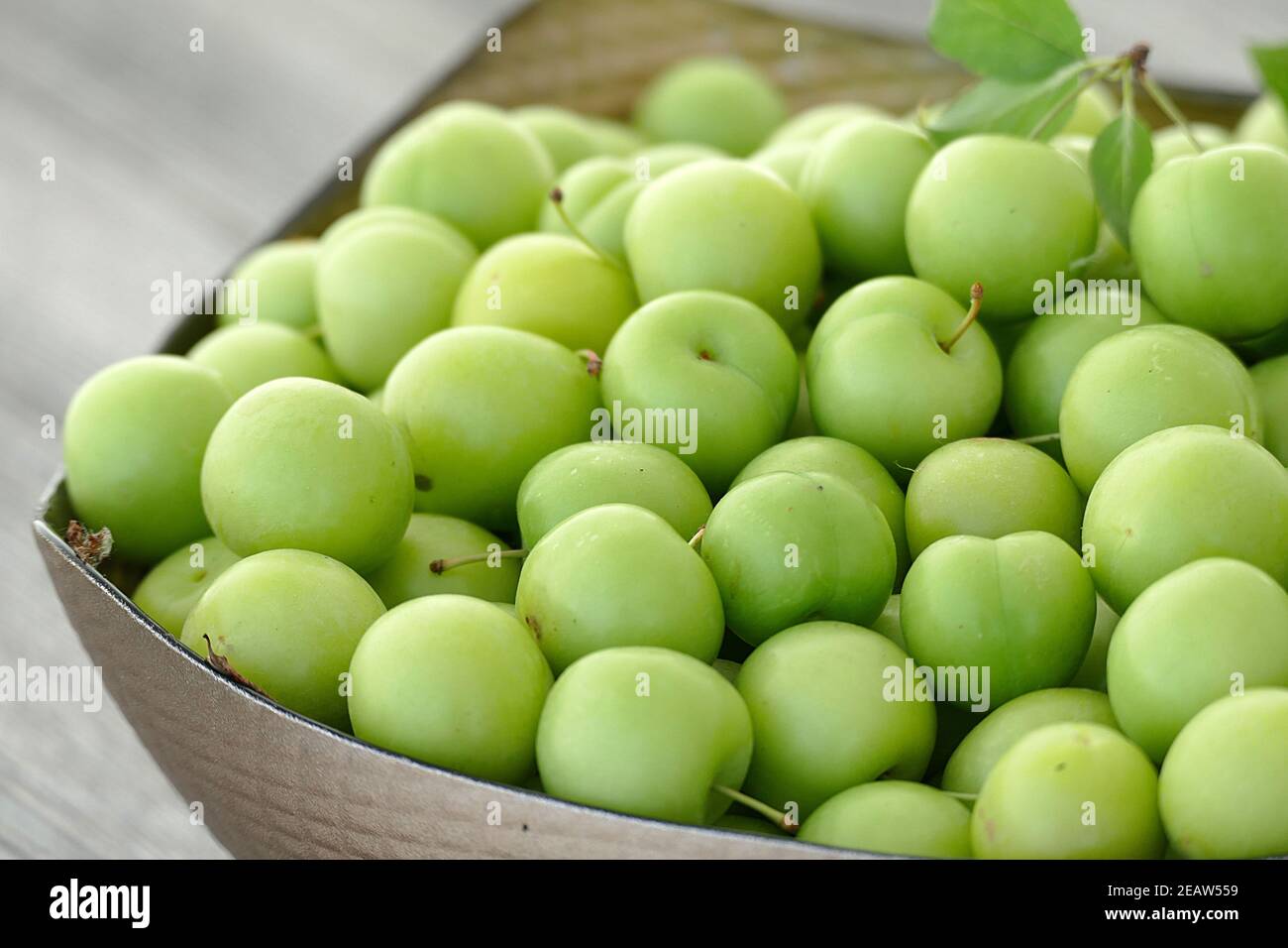 green fresh sour plums and large quantities in the plate Stock Photo ...