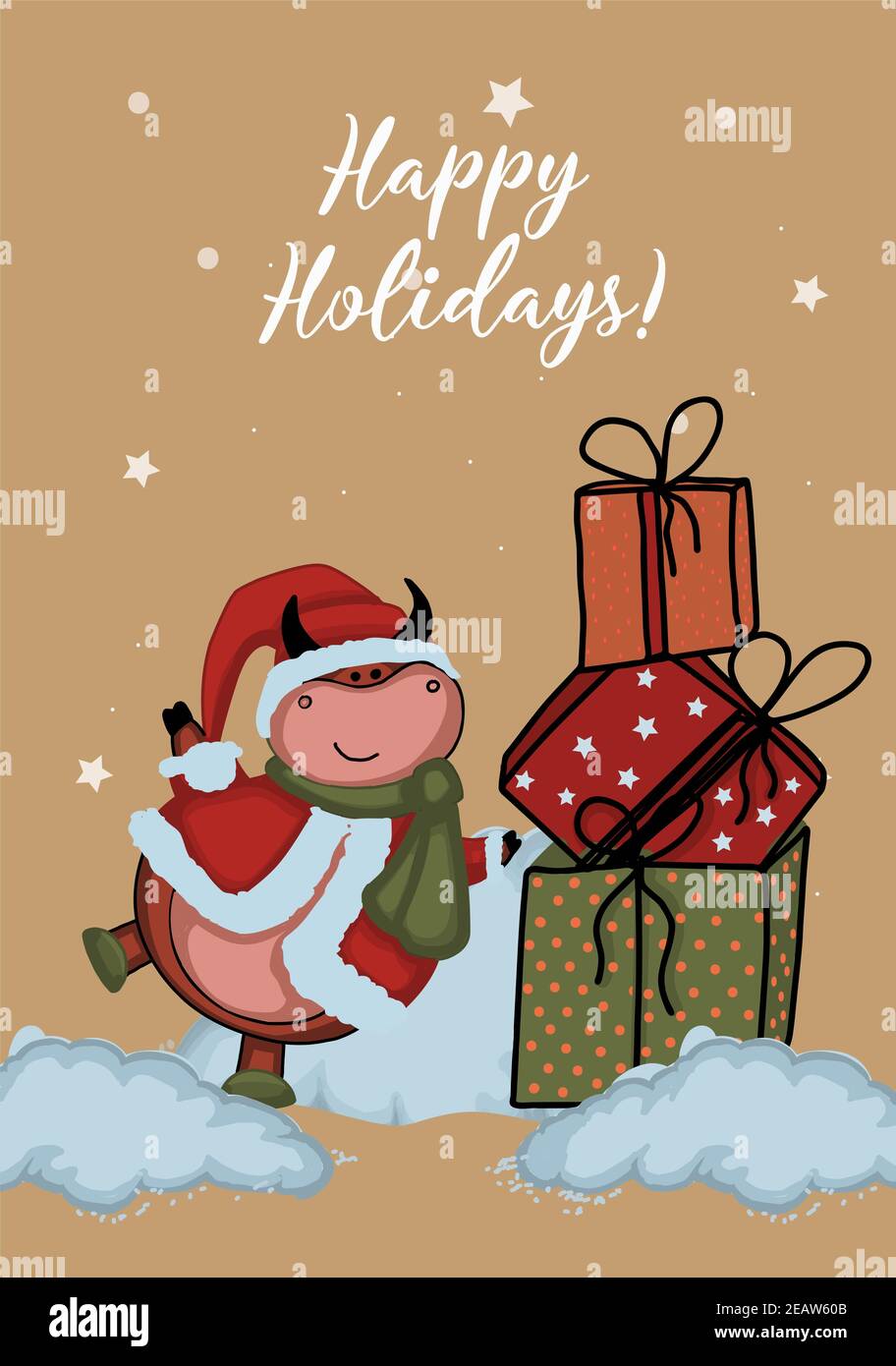 New Year card. year of the bull. Christmas tree. greeting vertical card ...