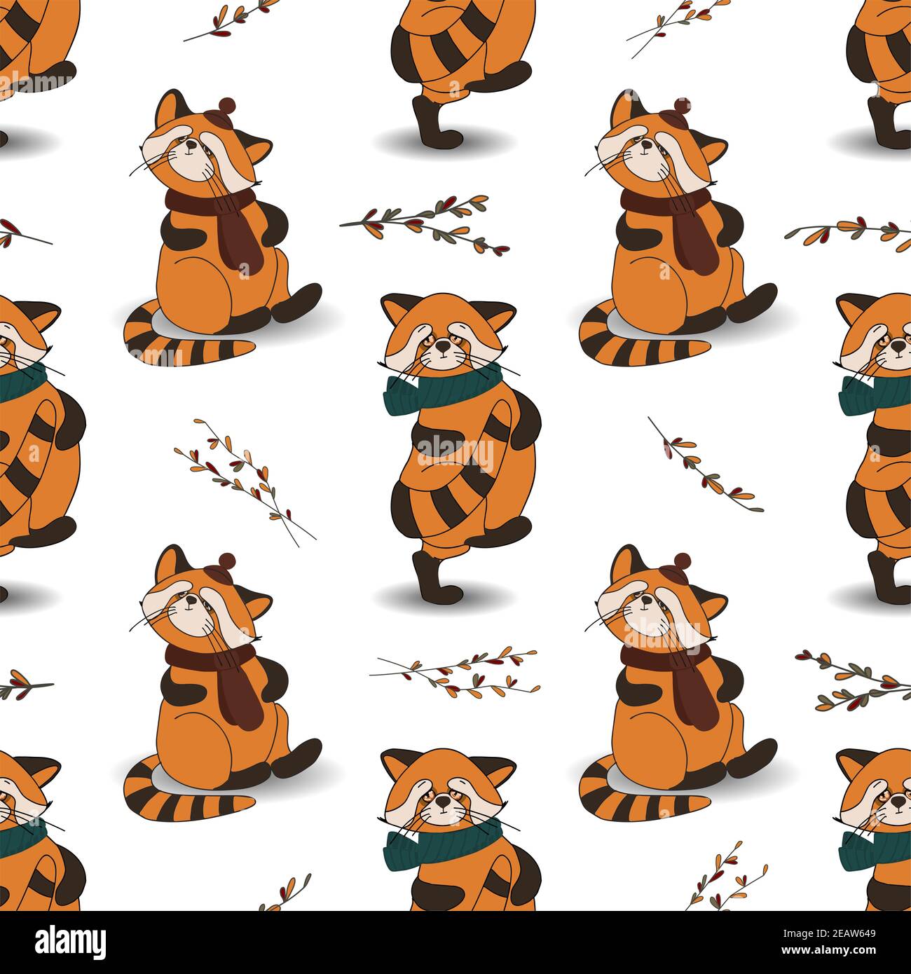 Autumn pattern with animals. Red panda character. Acorns. Autumn ...