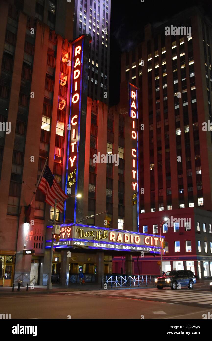 The iconic Radio City Music Hall sign at night Stock Photo - Alamy