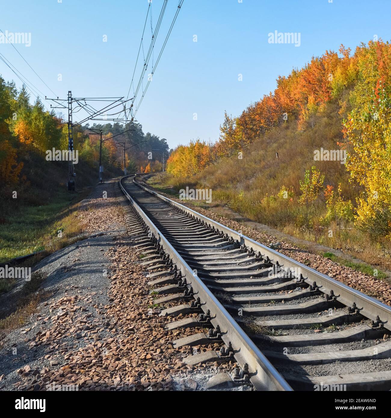 The railway passes through a beautiful autumn forest with colorful ...