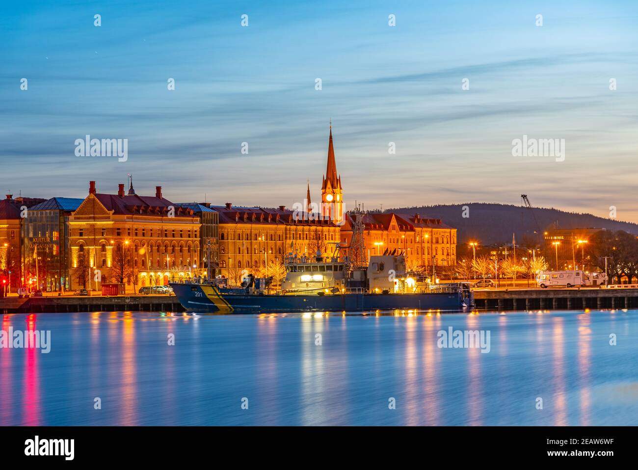 Sunset cityscape of Sundsvall and a cultural center translated as ...