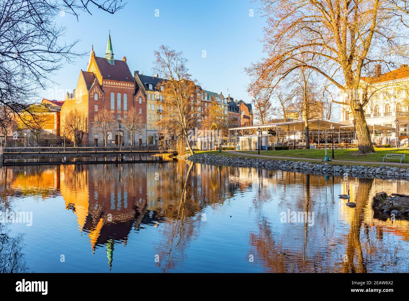 Beautiful buildings stretched alongside Svartan river in Orebro, Sweden ...