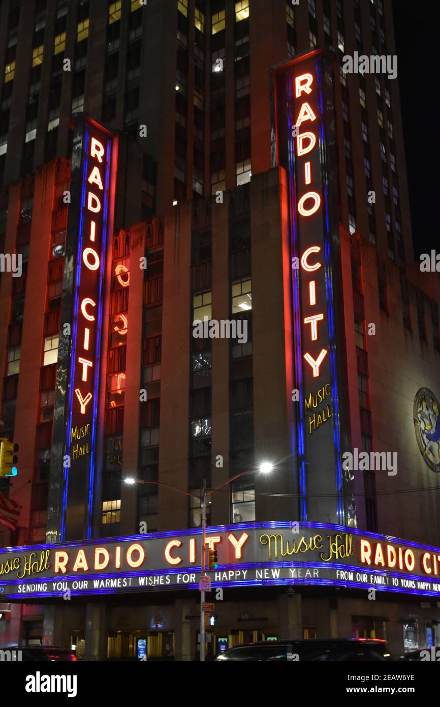 The iconic Radio City Music Hall sign at night Stock Photo - Alamy