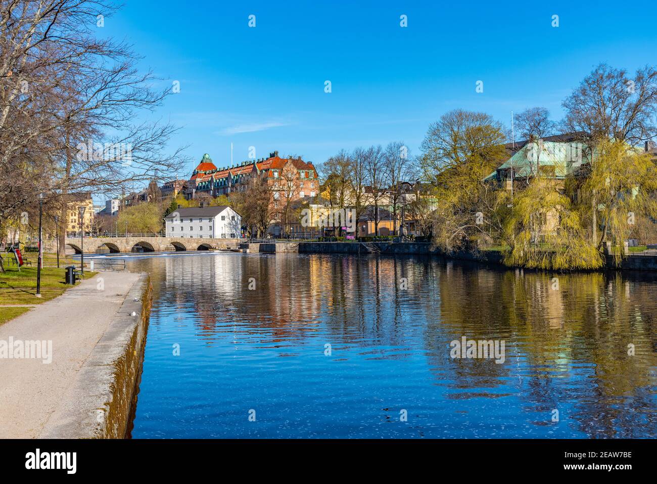 Beautiful buildings stretched alongside Svartan river in Orebro, Sweden ...
