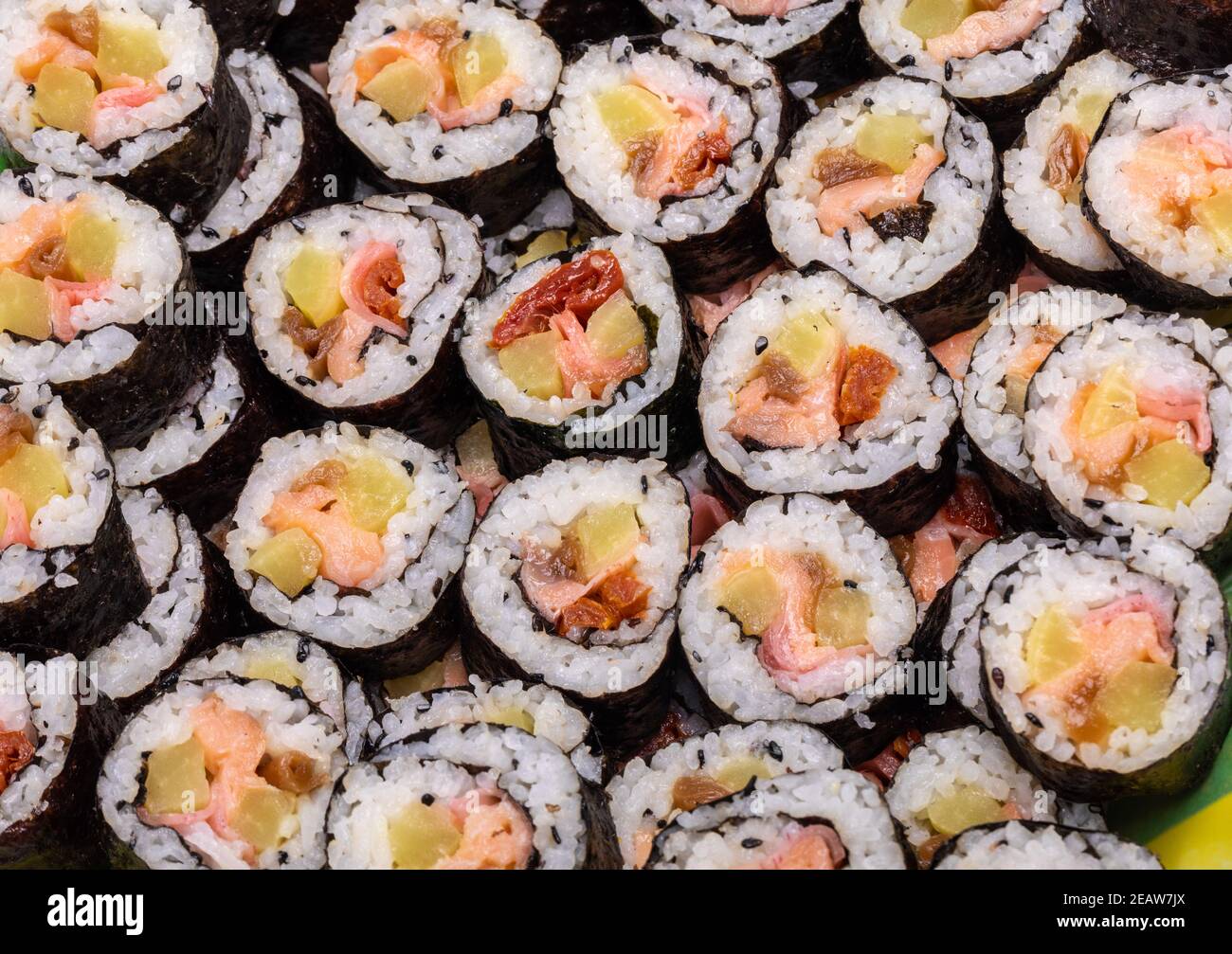 Top view of stack of Japanese sushi maki roll plate Stock Photo - Alamy