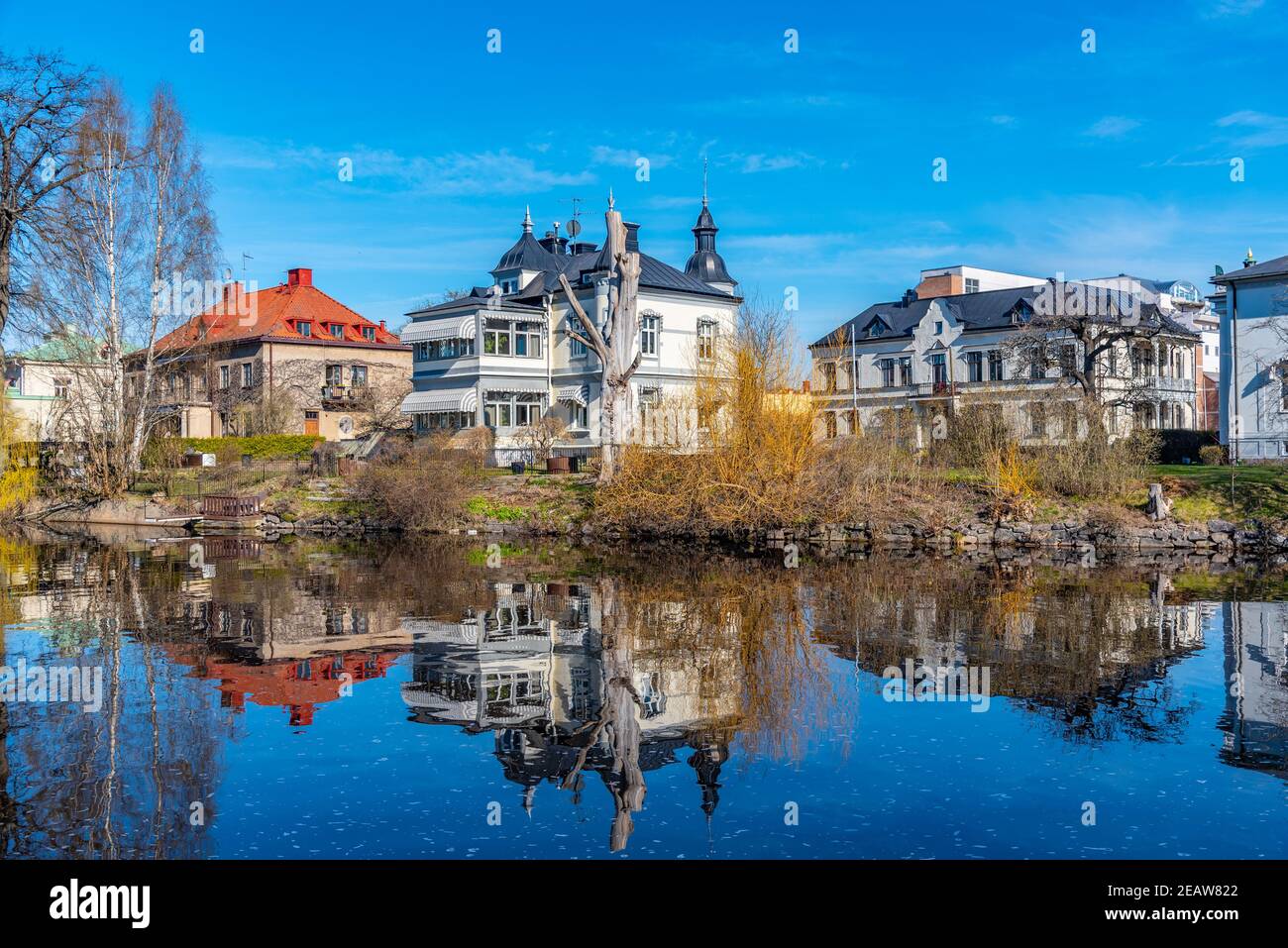 Beautiful buildings stretched alongside Svartan river in Orebro, Sweden ...