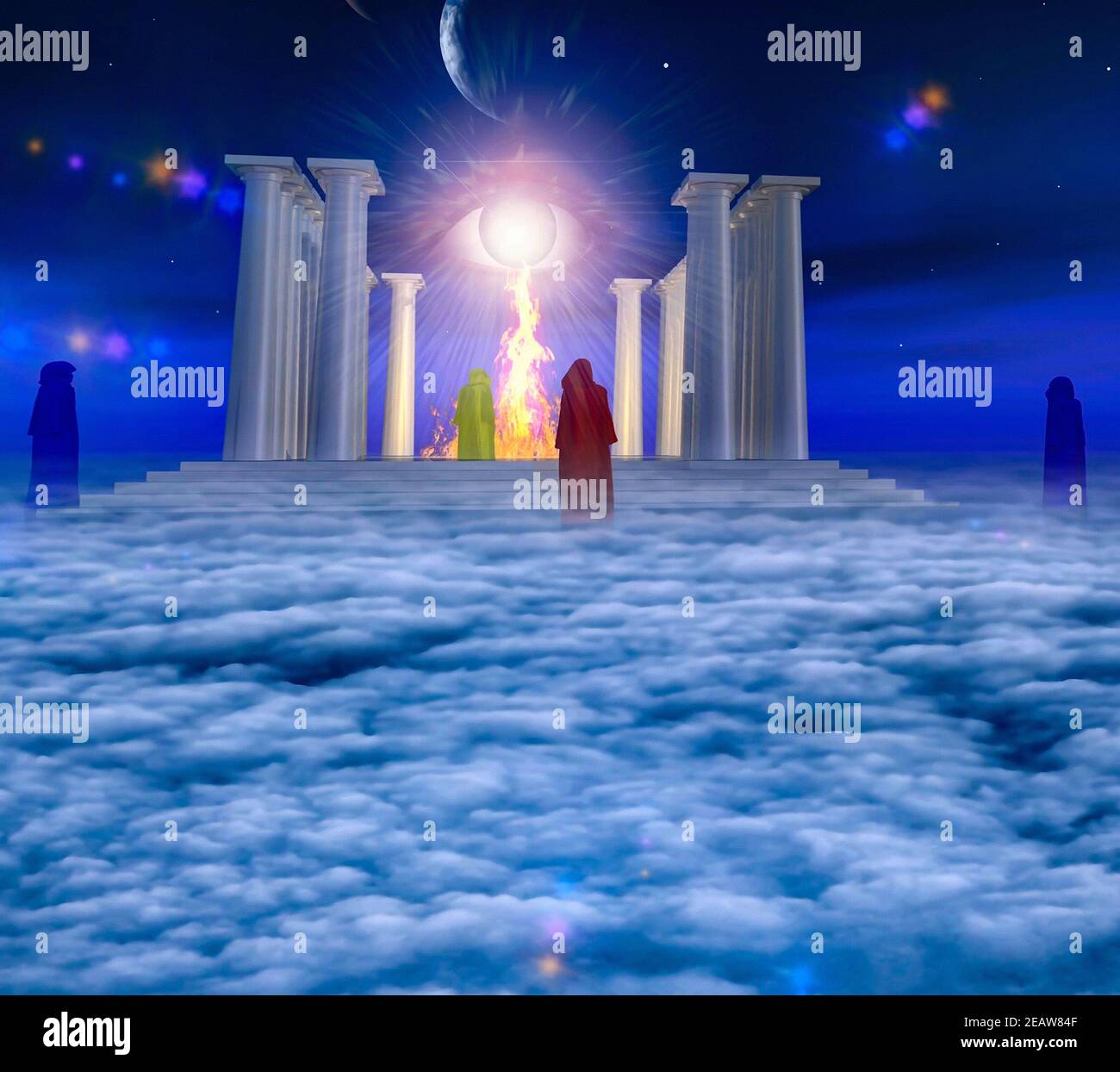 Temple of fire in the sky and monks. 3D rendering Stock Photo - Alamy