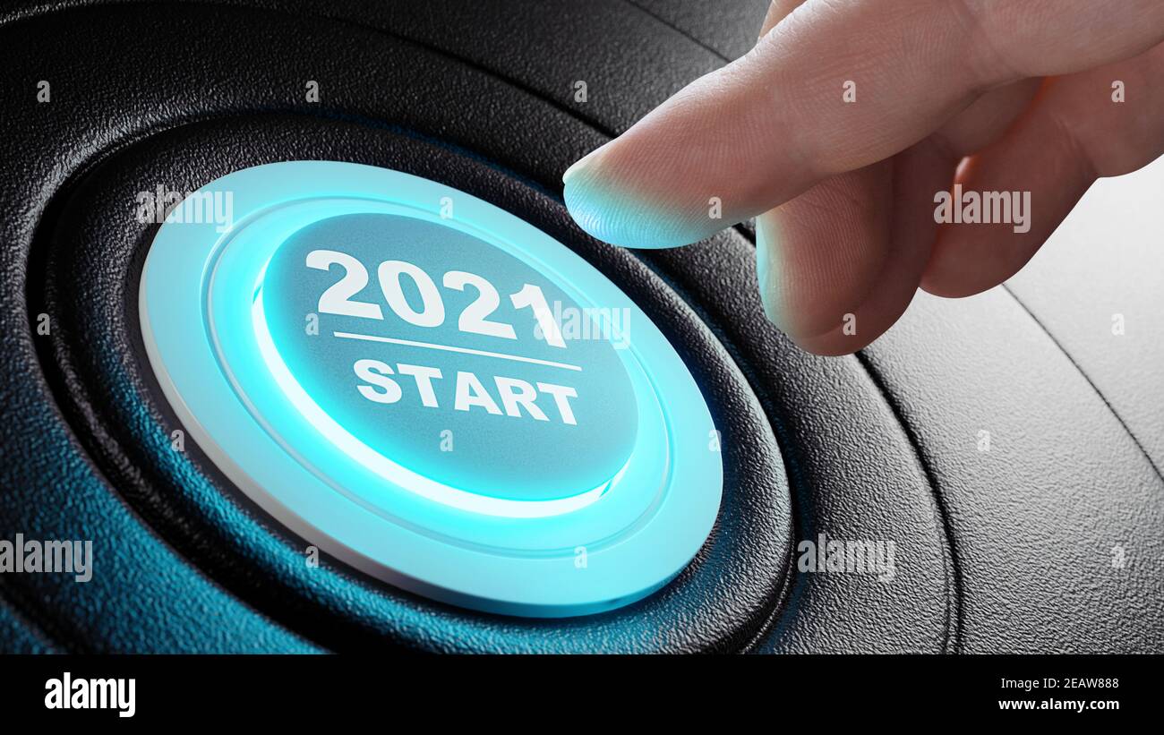 2021 - Press the start button. Concept of the New Year. 3D illustration ...