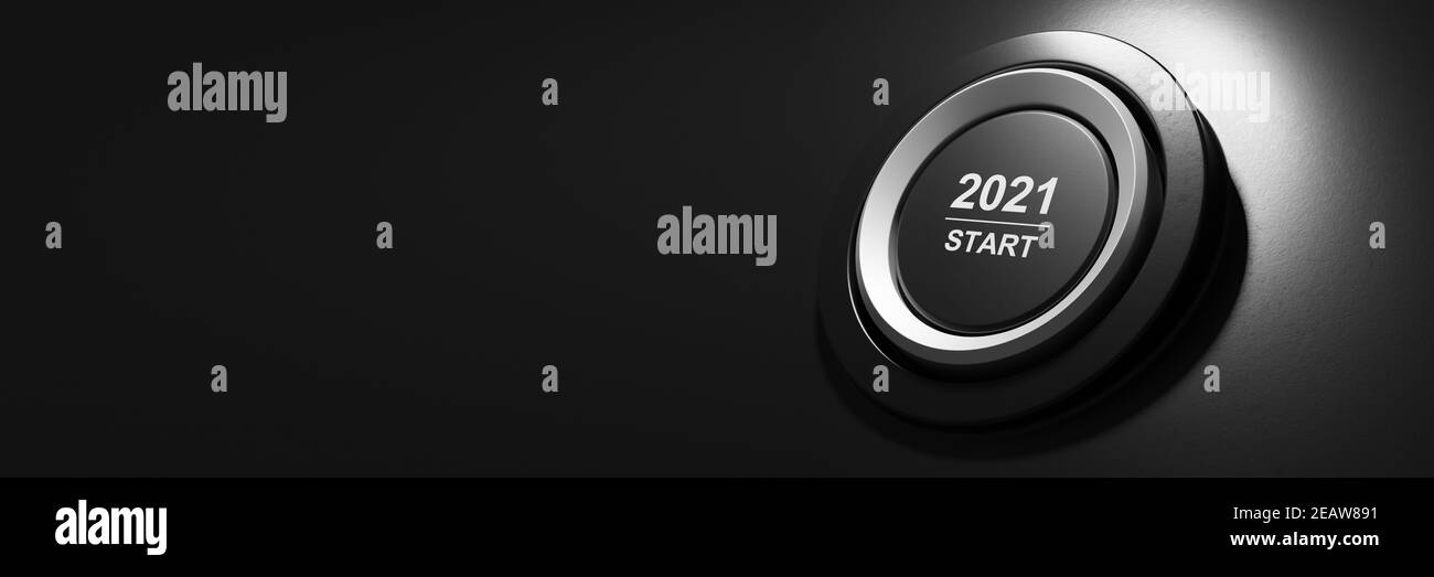 2021 - Press the start button. Concept of the New Year. 3D illustration ...