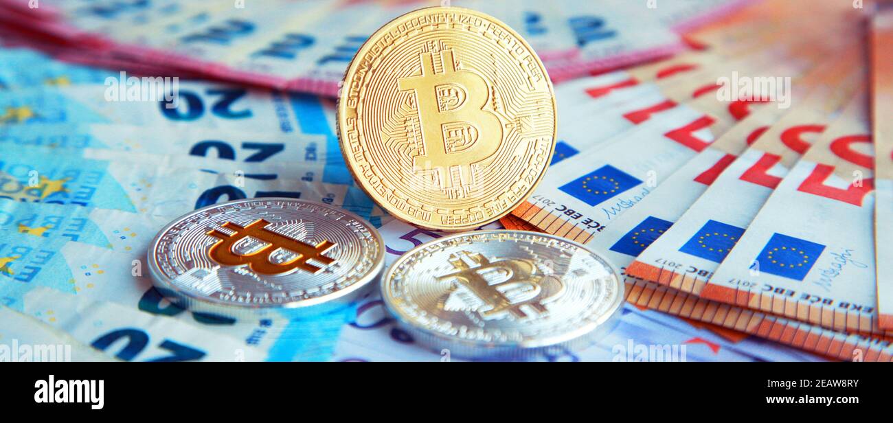 Physical bitcoins. Virtual crypto currency coin. Blockchain technology ...