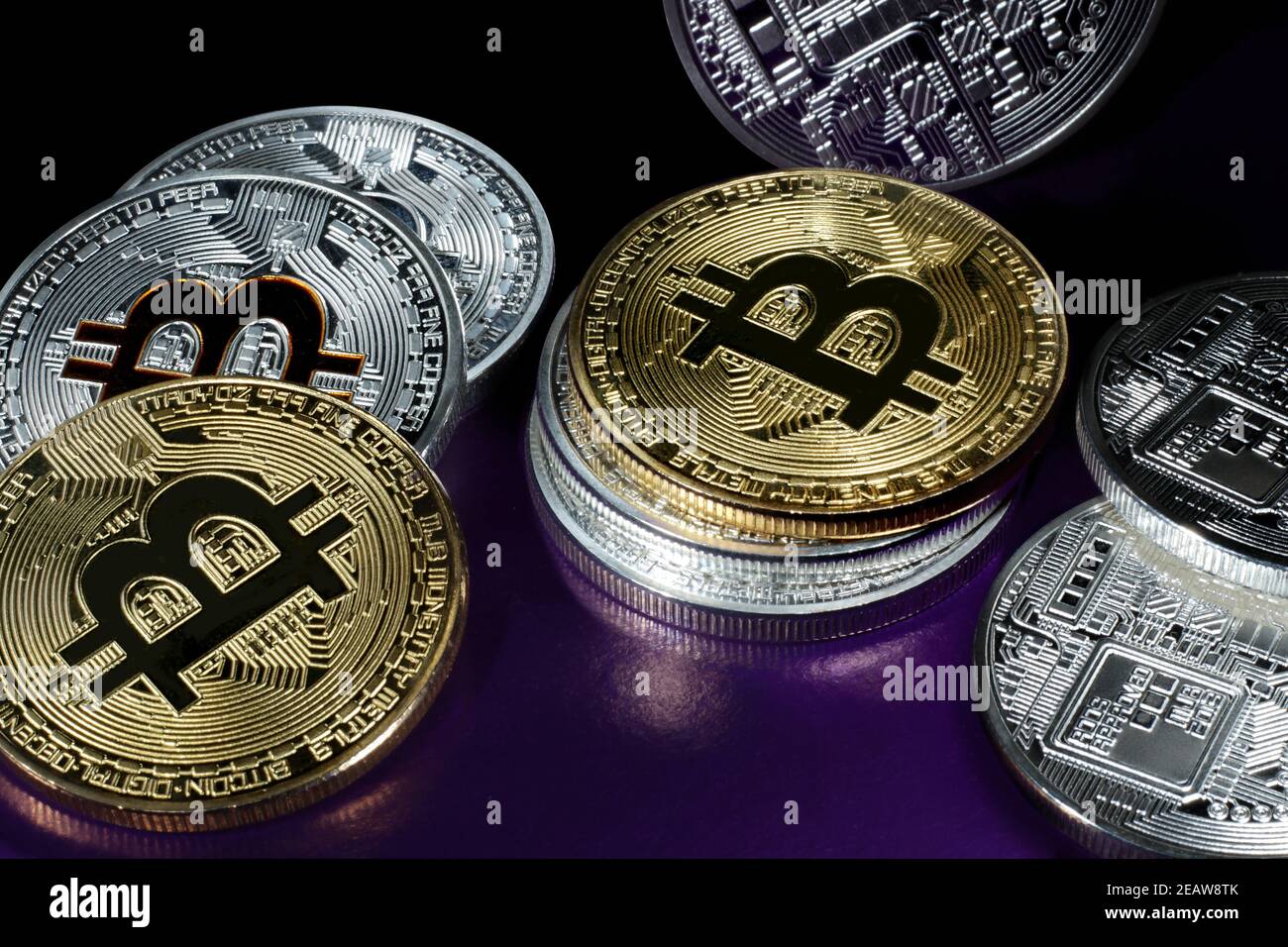 Physical bitcoins. Virtual crypto currency coin. Blockchain technology ...