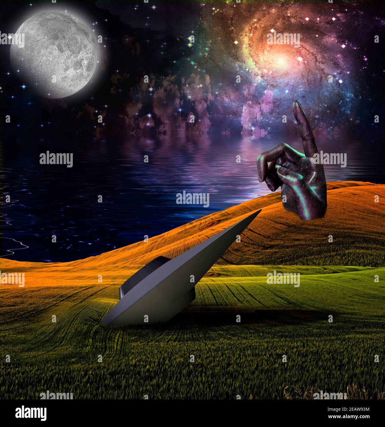 Retro sci fi landscape. UFO and stone hand Stock Photo - Alamy