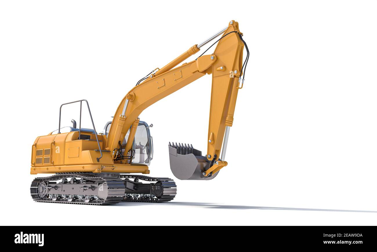 yellow excavator on the white background Stock Photo - Alamy