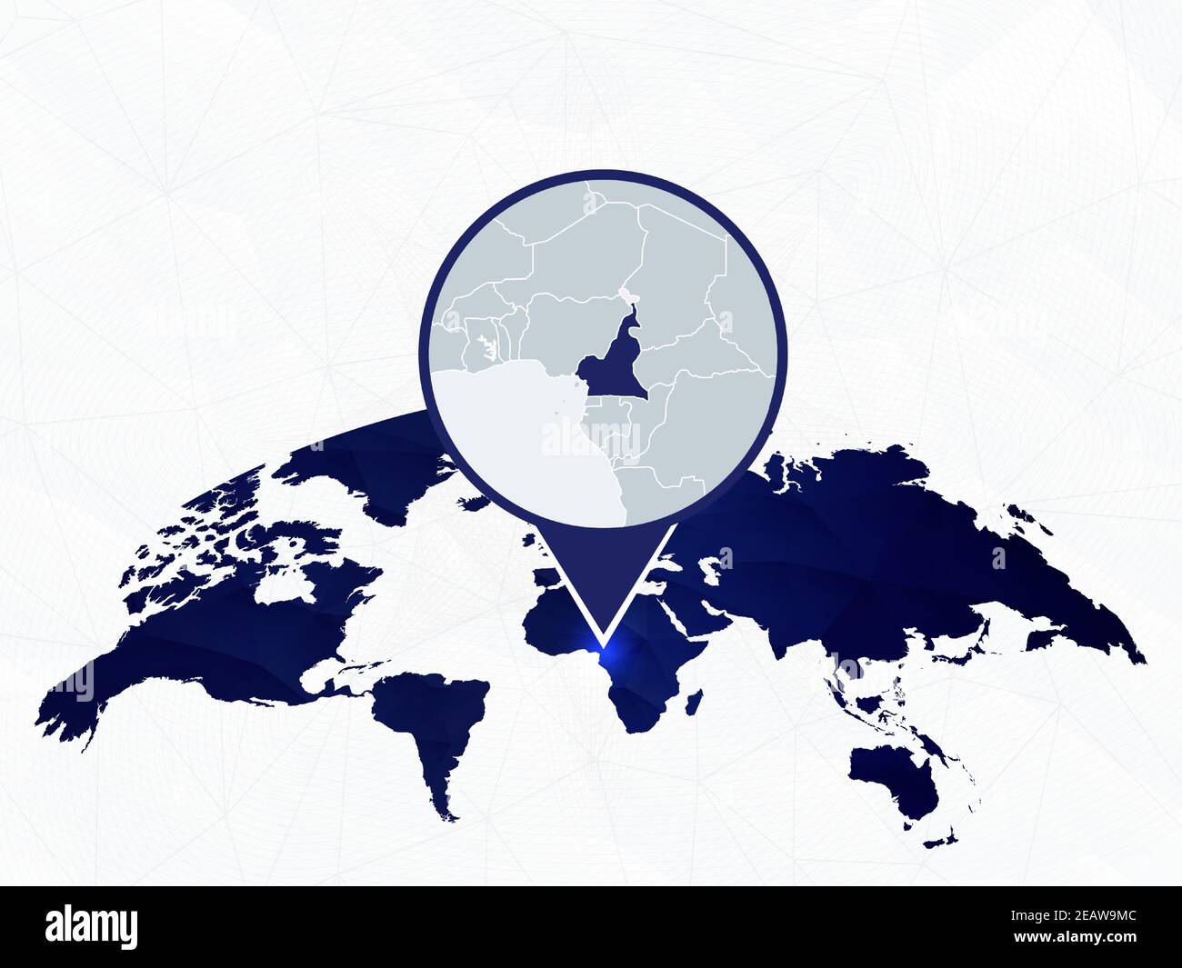 Cameroon detailed map highlighted on blue rounded World Map. Map of ...