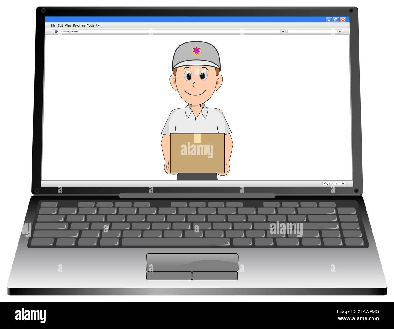 Laptop Computer with friendly Courier delivering a parcel on white ...