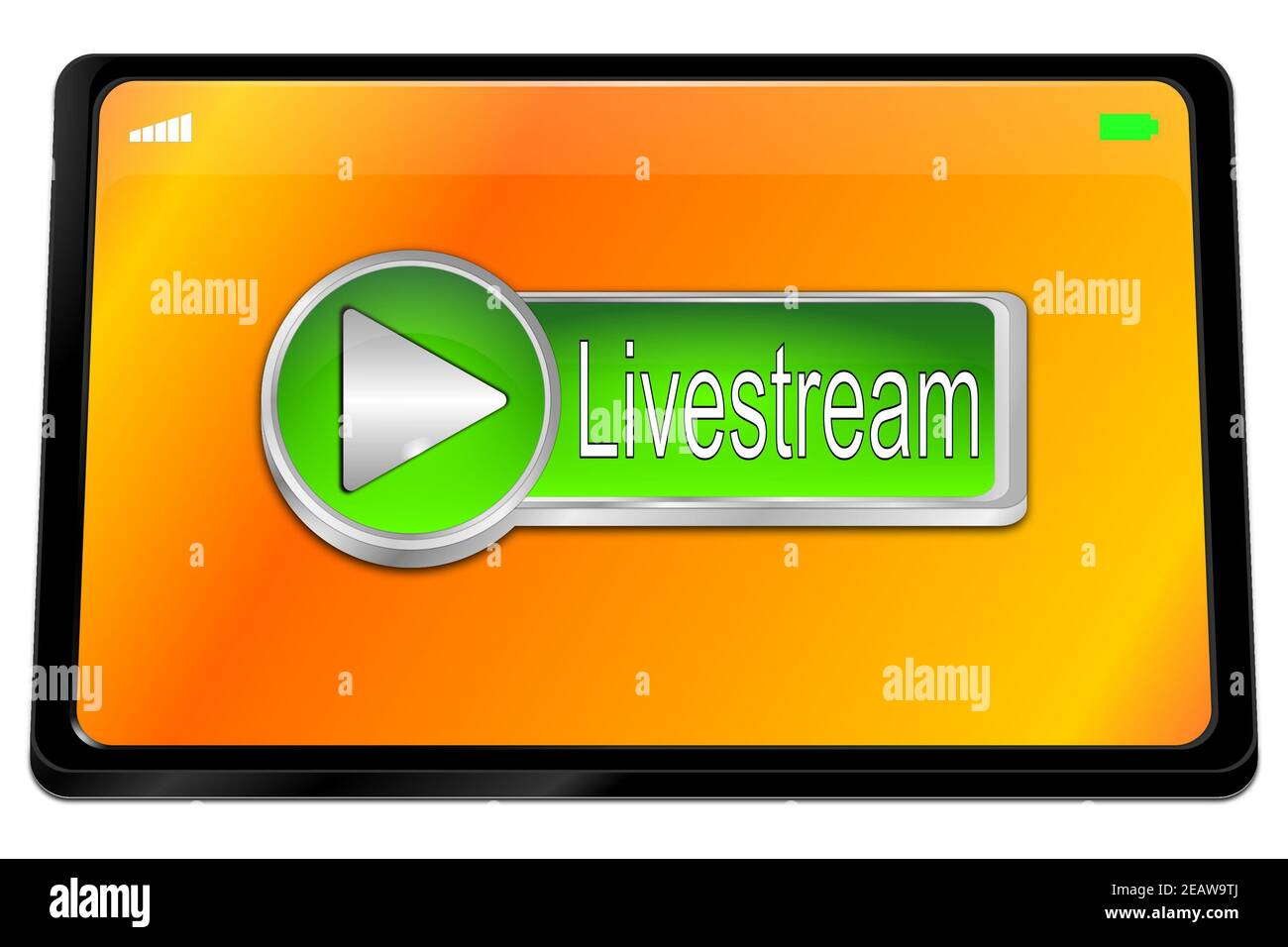 Tablet computer with green Livestream Button on orange desktop - 3D ...