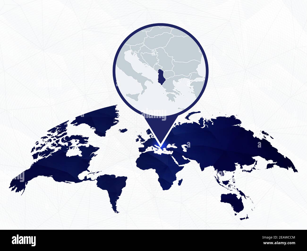 Albania detailed map highlighted on blue rounded World Map. Map of ...