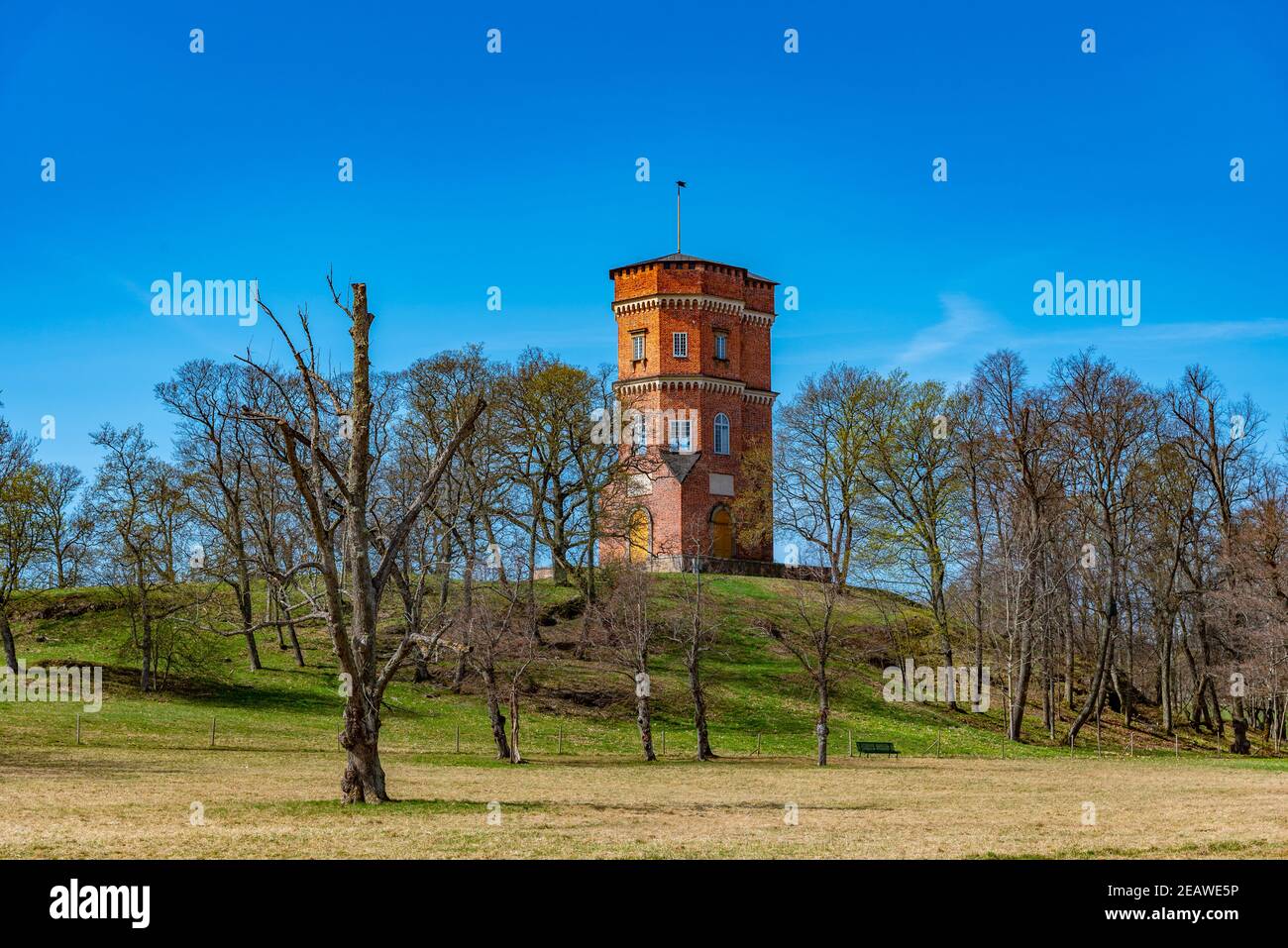Gothic tower at grounds of Drottnignholm Palace in Sweden Stock Photo ...