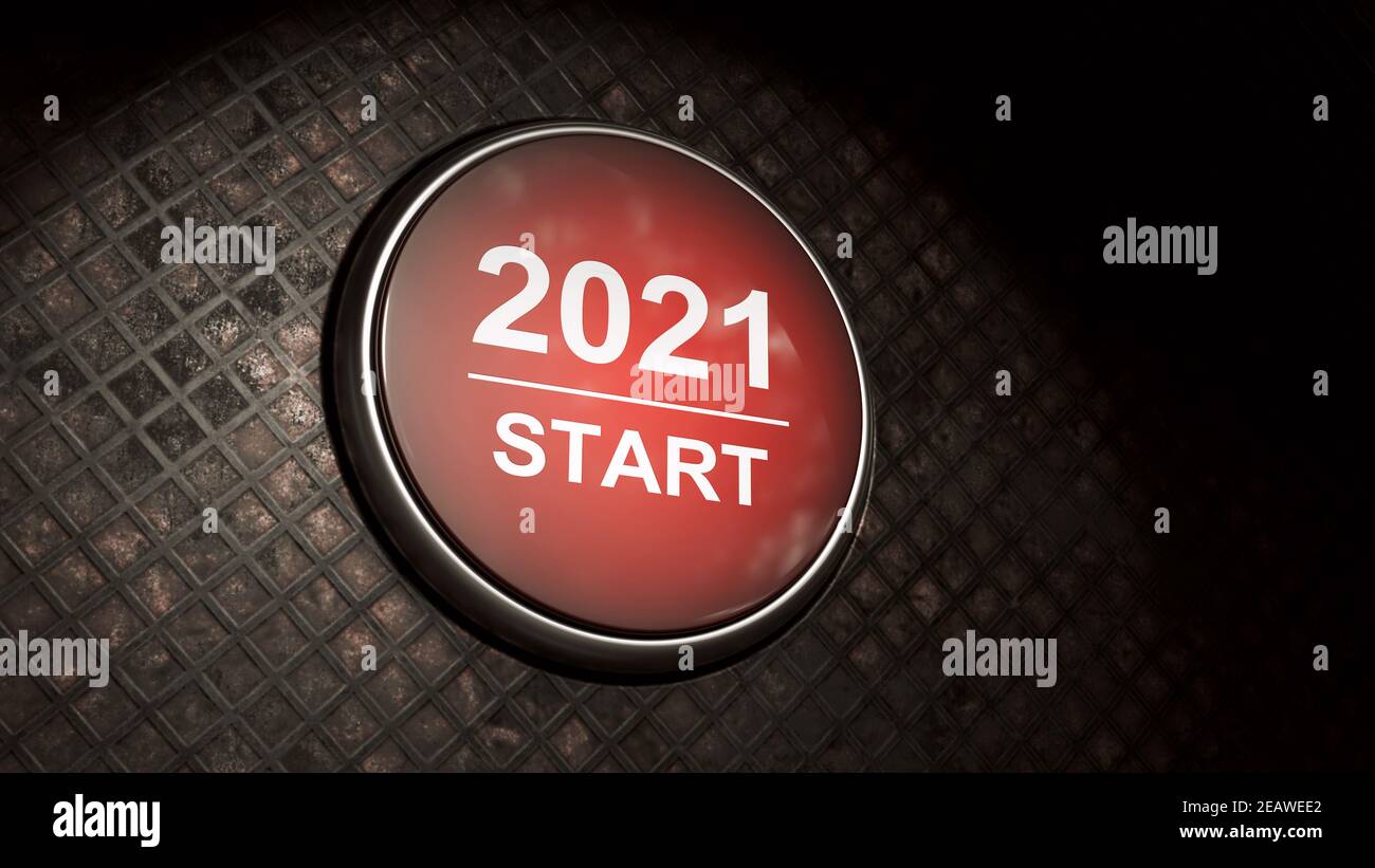 2021 - Press the start button. Concept of the New Year. 3D illustration ...