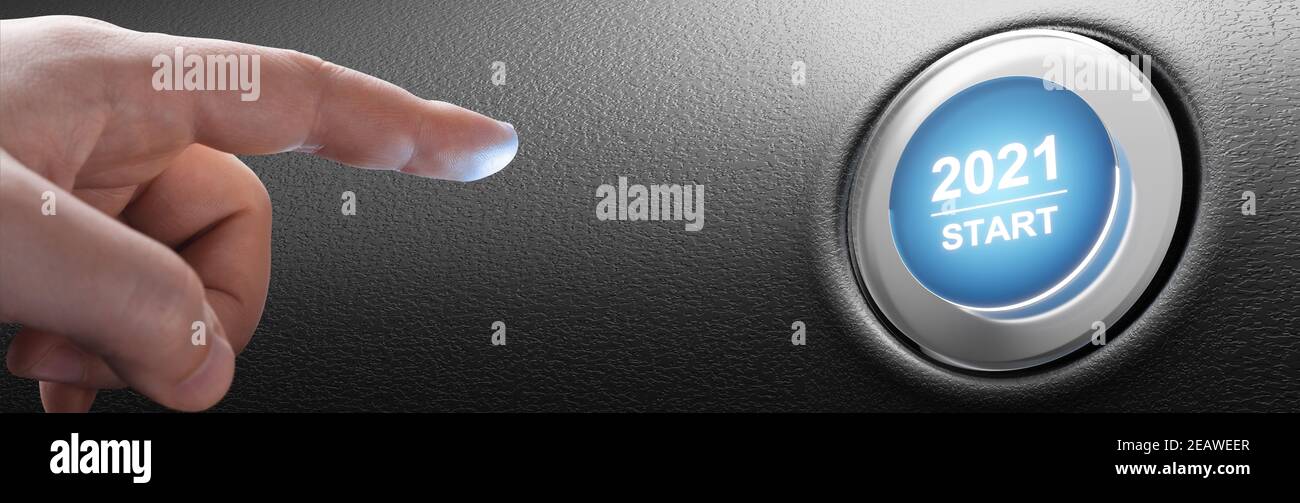 2021 - Press the start button. Concept of the New Year. 3D illustration ...