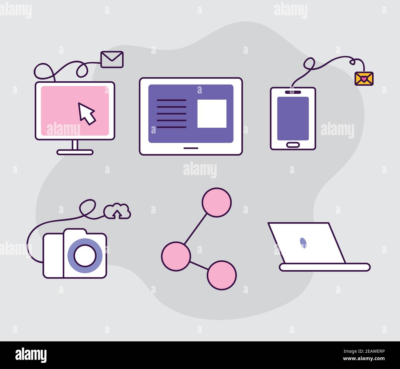 technology symbols and computers icons over gray background, colorful ...