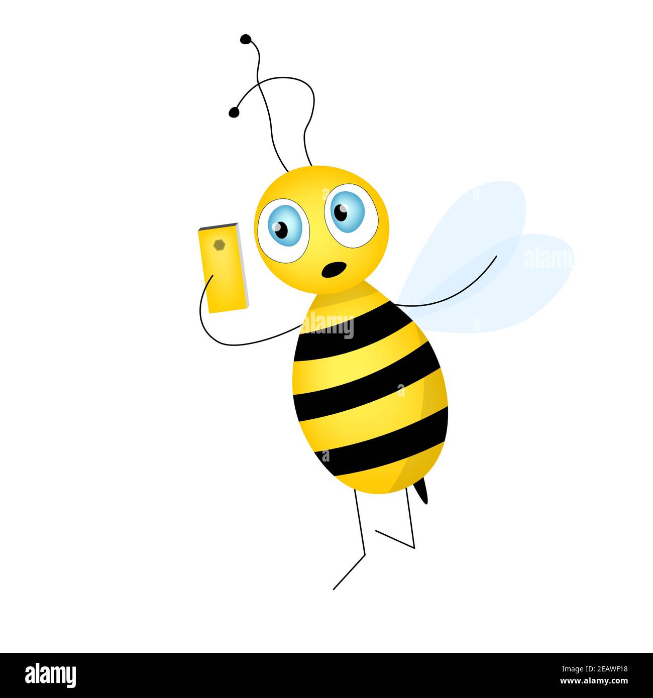 Cartoon cute bee mascot. A cheerful bee with yellow mobile phone. Small ...