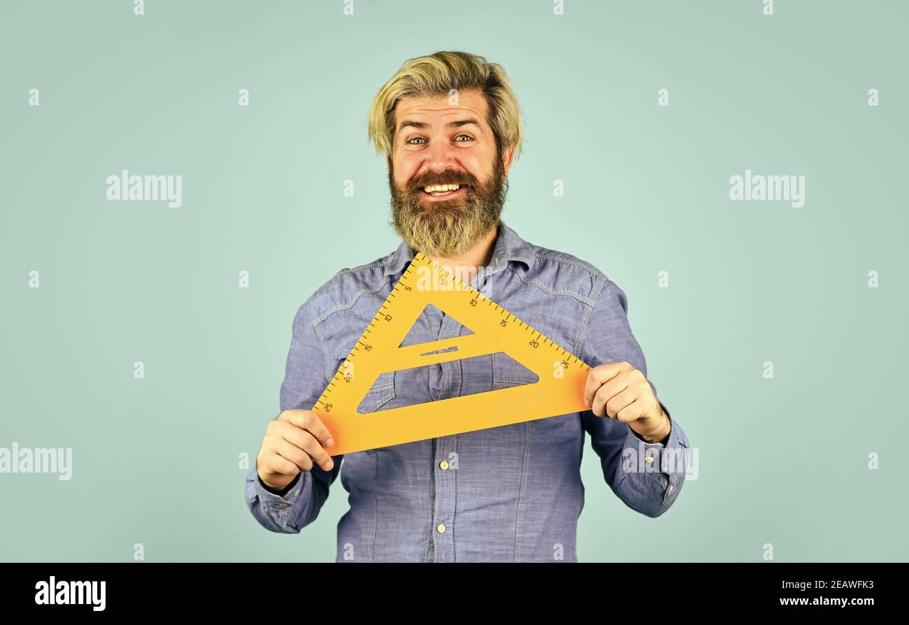 Find solution. Free education. Teaching geometry. Bearded man use ruler ...