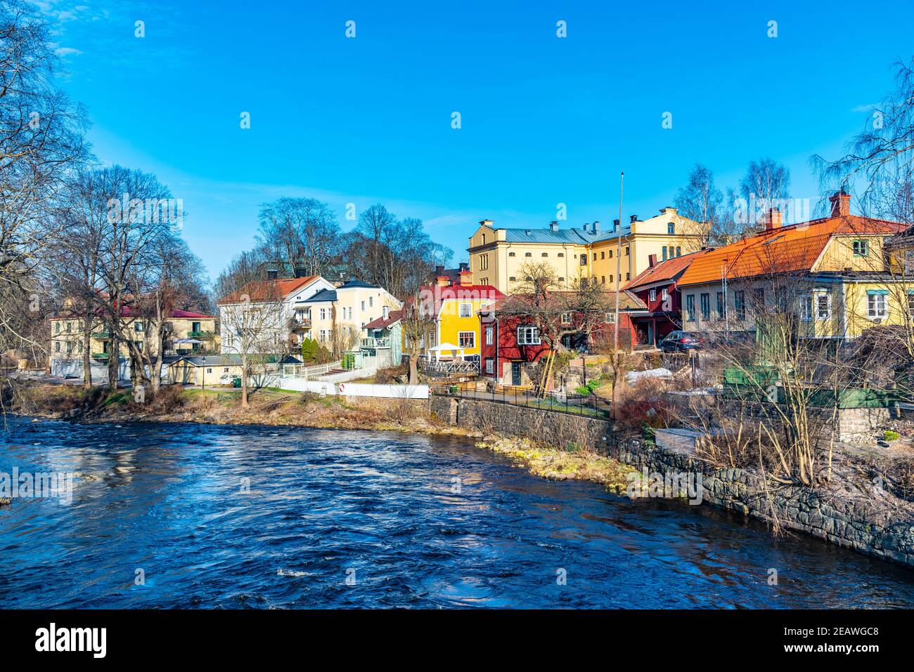 Residential buildings alongside river Gavlean in Gavle, Sweden Stock ...