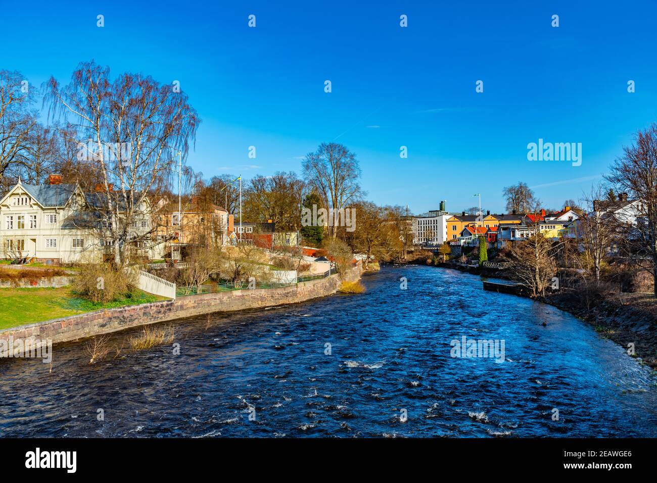 Residential buildings alongside river Gavlean in Gavle, Sweden Stock ...
