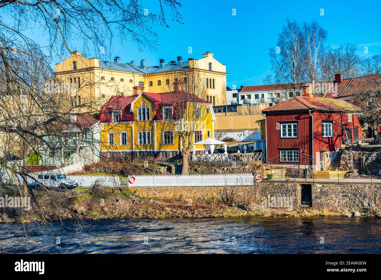 Residential buildings alongside river Gavlean in Gavle, Sweden Stock ...