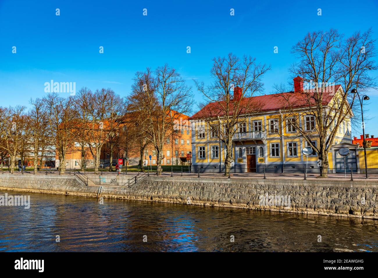 Residential buildings alongside river Gavlean in Gavle, Sweden Stock ...